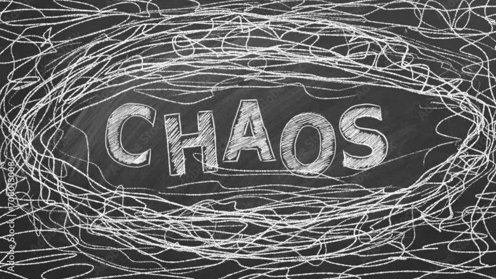 Lettering CHAOS inside of tangled handwritten mess scribble or doodle ...