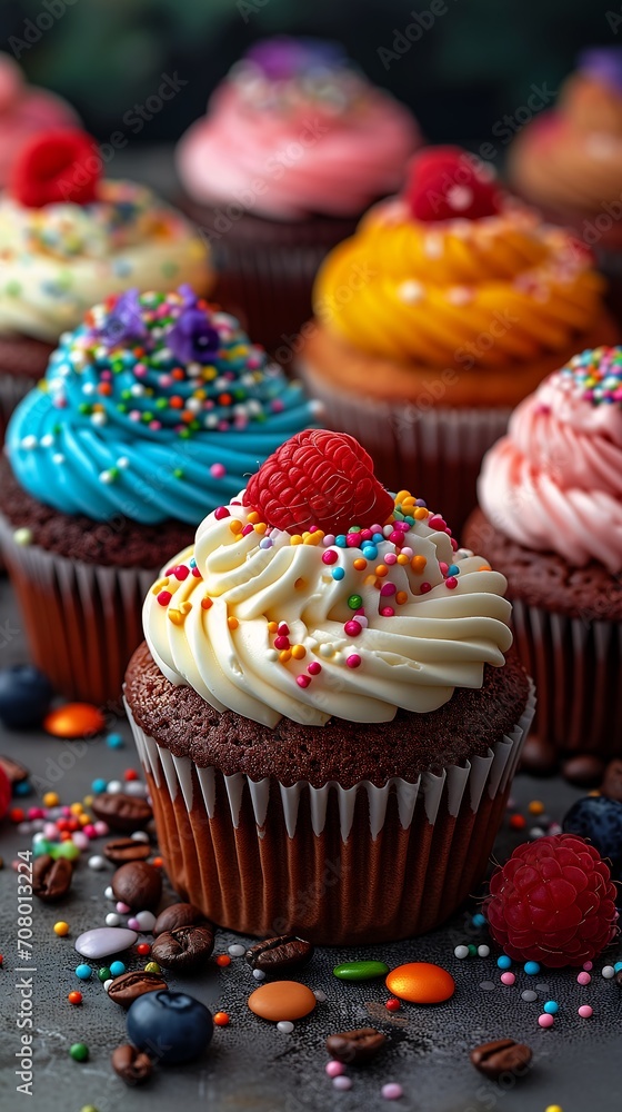 cupcakes different toppings table round background deep shadows color ...