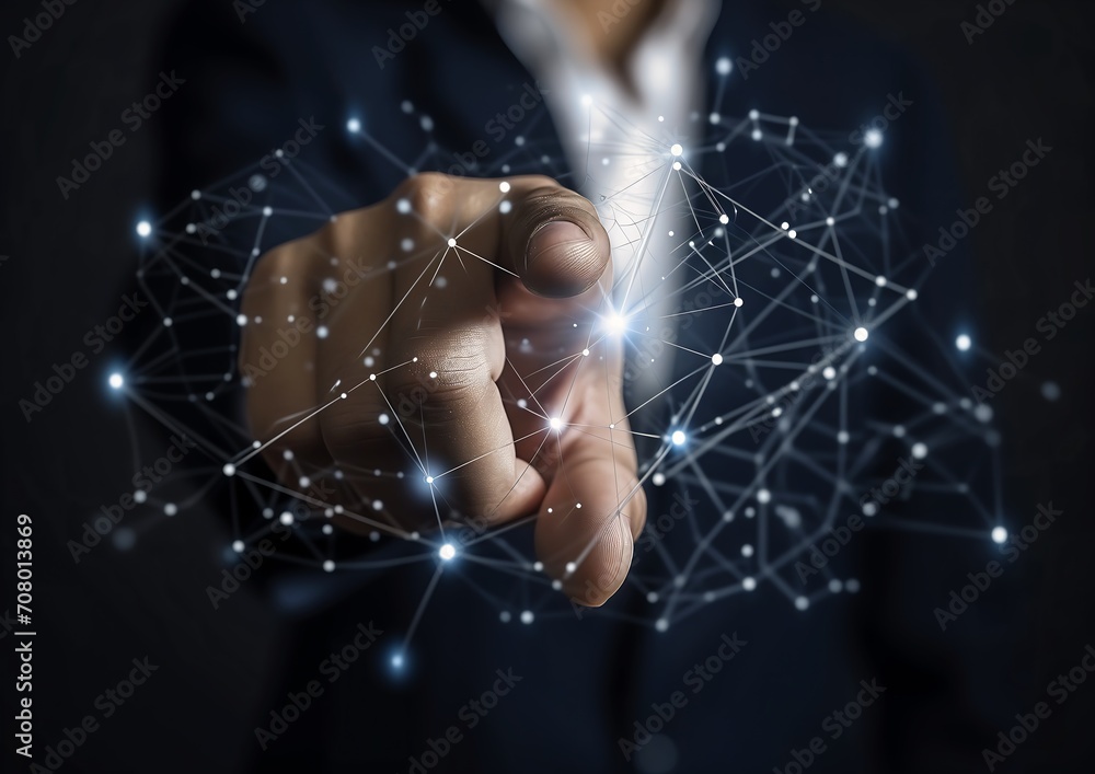 man suit holding network dots softly glowing control panels pointing ...