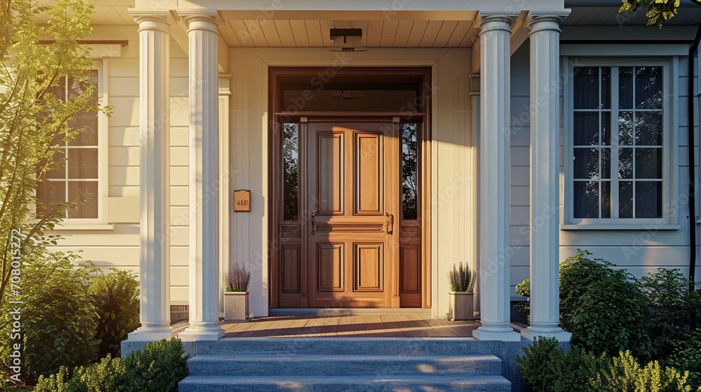 Main entrance door in house. Wooden front door with gabled porch and ...