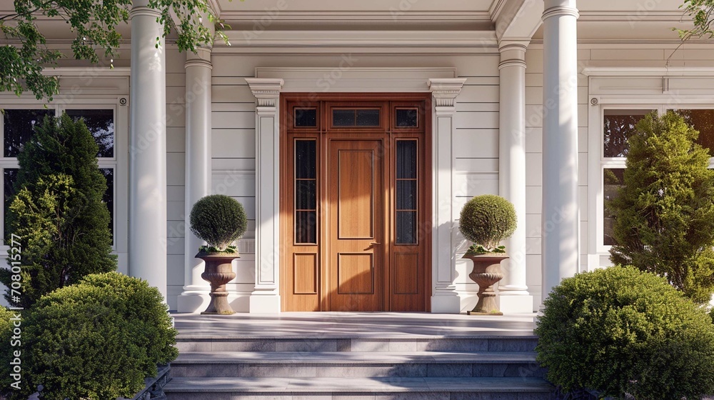 Main entrance door in house. Wooden front door with gabled porch and ...