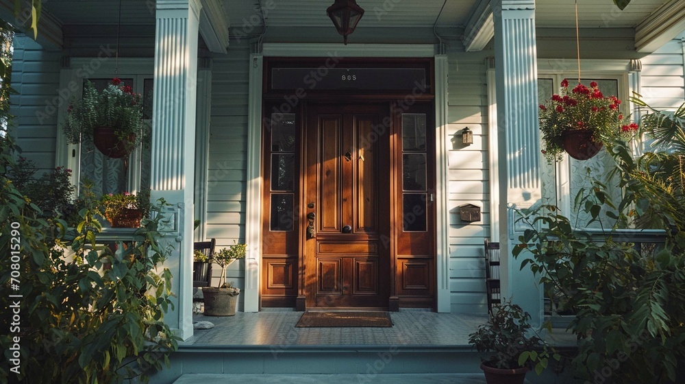 Main entrance door in house. Wooden front door with gabled porch and ...
