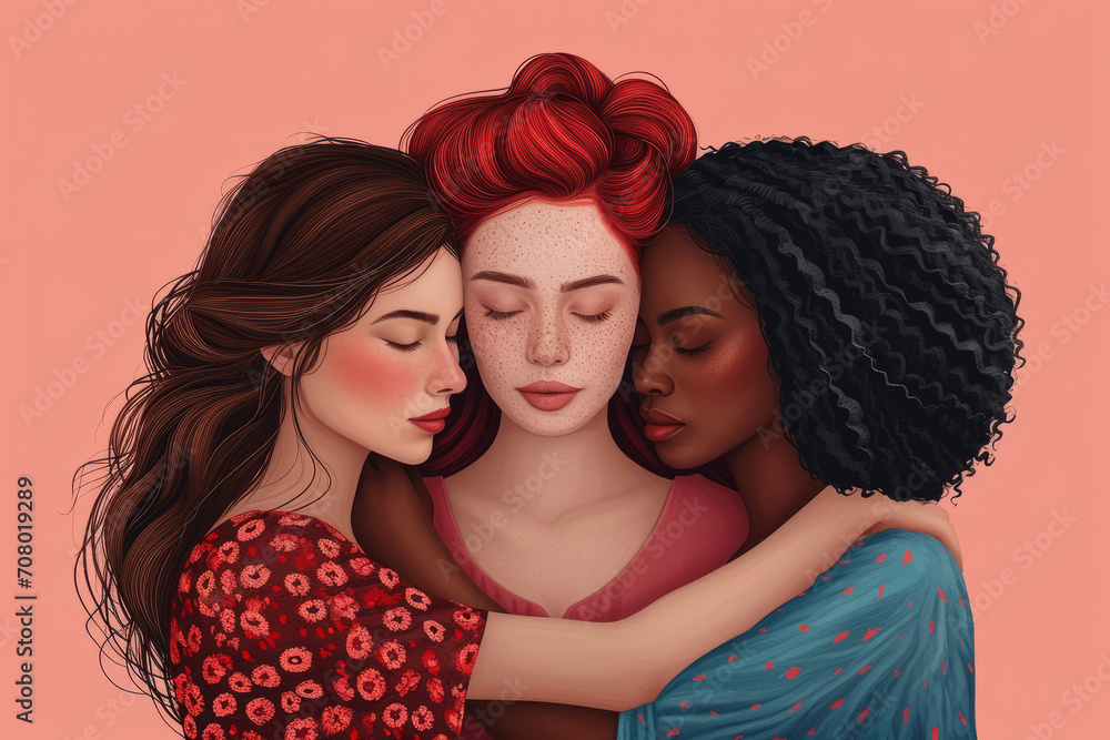 Poster. Three women standing together. Women's day. Three girls hug and ...