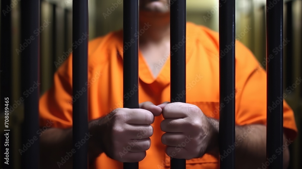 The worn, calloused hands of a prisoner tightly grasp the iron bars, a ...