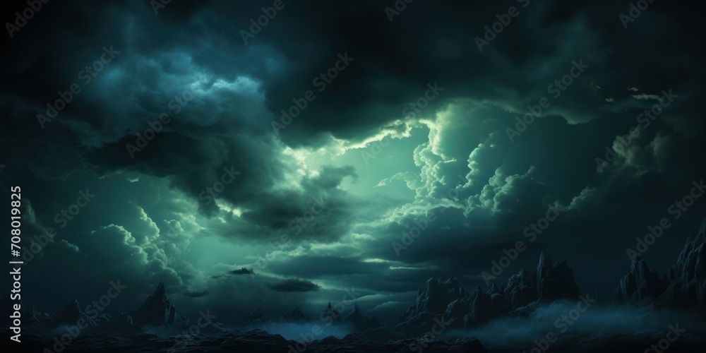 Black dark greenish blue dramatic night sky. Gloomy ominous storm rain ...