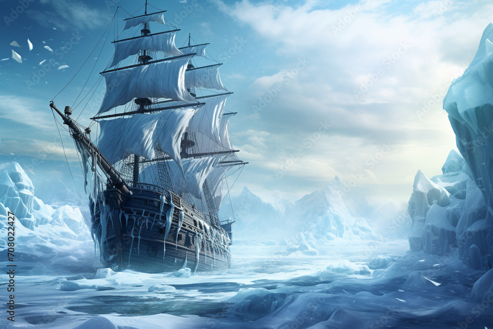 High seas adventure as a pirate ship sails through a field of towering ...