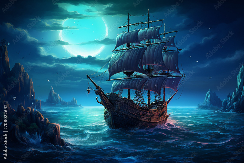 Moonlit seascape featuring a pirate ship sailing through phosphorescent ...
