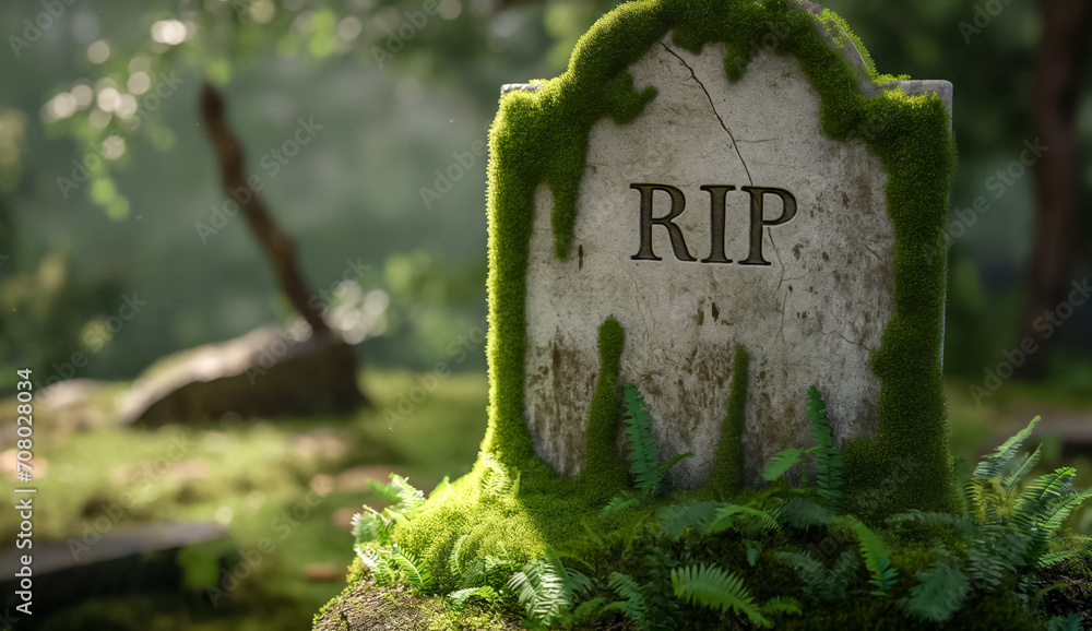 RIP Rest In Peace message carved into weathered granite gravestone ...