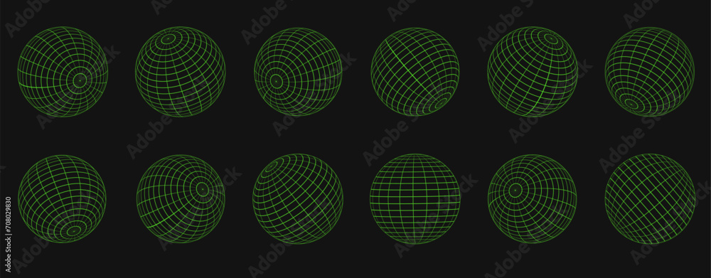 Neon globe grid spheres collection. Striped 3D spheres, geometry globe ...