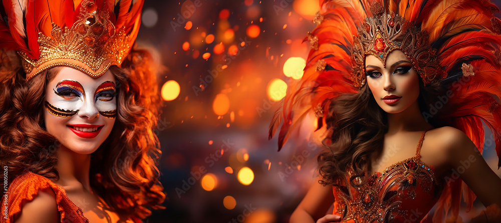 Two beautiful women in carnival costumes and feathers at chic carnival ...