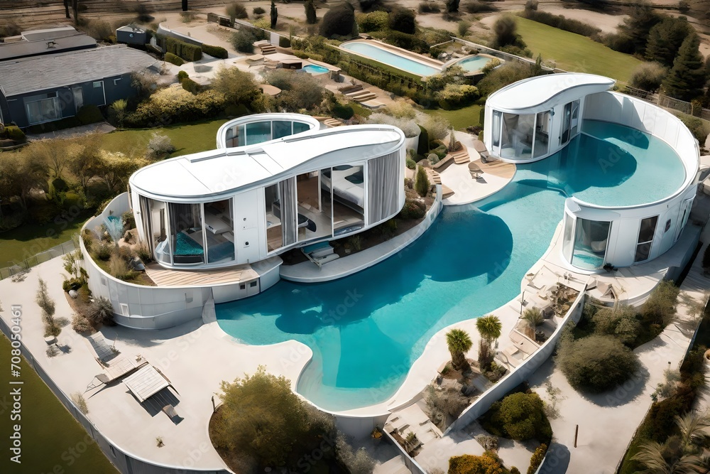An aerial shot of a mobile home with swimming pool, a unique oval ...