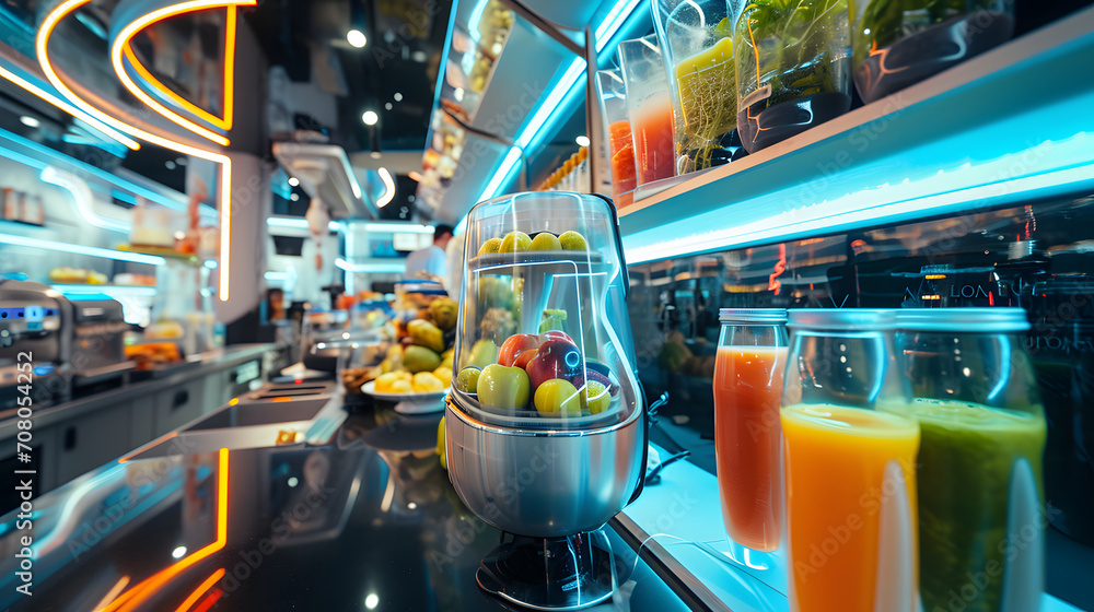 A high-tech smoothie-making robot in a futuristic café demonstrating ...