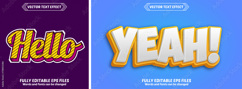 Bundle of 3d yeah Hello editable text effect design vectors. Set of ...
