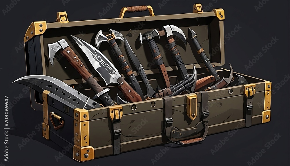 Survival toolbox. Survival kit toolbox box with tactical axes, knives ...
