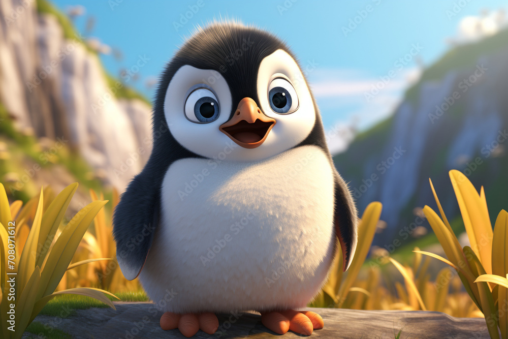 A cute and lively anime penguin with expressive eyes and playful antics ...
