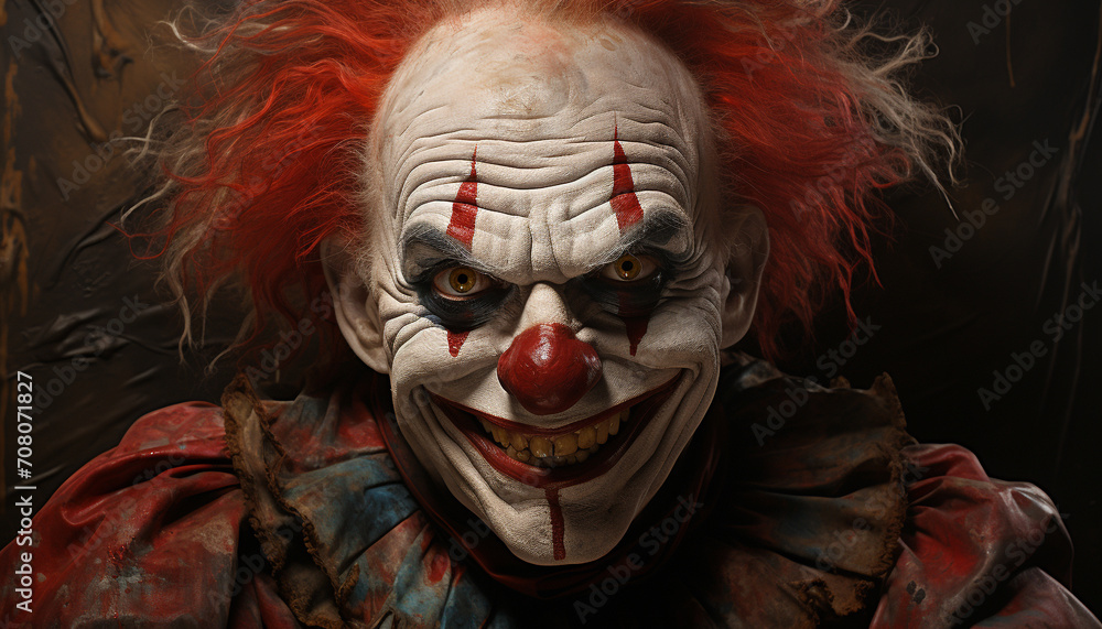 Spooky Halloween costume evil clown with bloody face paint generated by ...