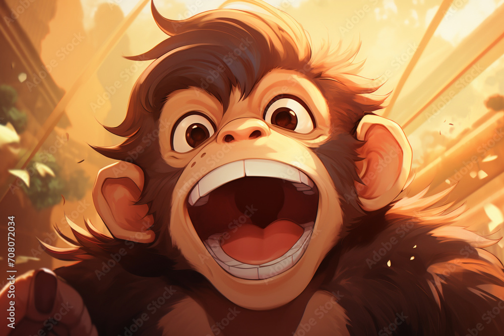 A cute and playful anime-style monkey with expressive eyes and a ...