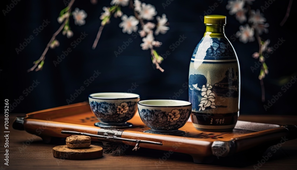 Sake Bottle and Cups on Tray, Traditional Japanese Drink Ready to Pour ...