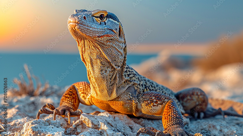 A desert monitor lizard basking in the warmth of the midday sun, its ...