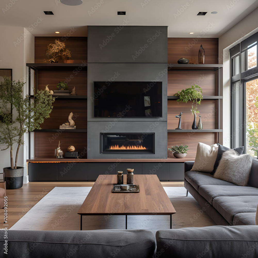 a living room with a tall steel fireplace with a tv mounted on the ...