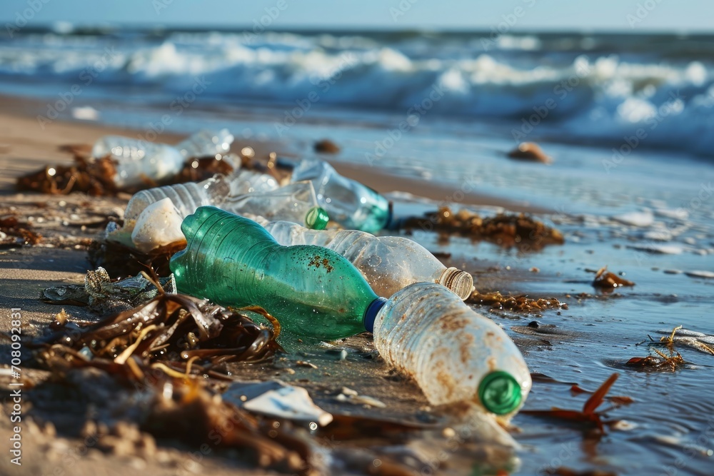 Multiple plastic bottles and other plastic waste is washed ashore on a ...