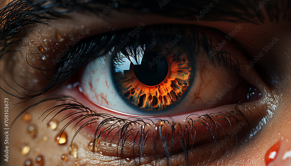 Beautiful woman blue eye looking at camera, reflecting nature colors ...