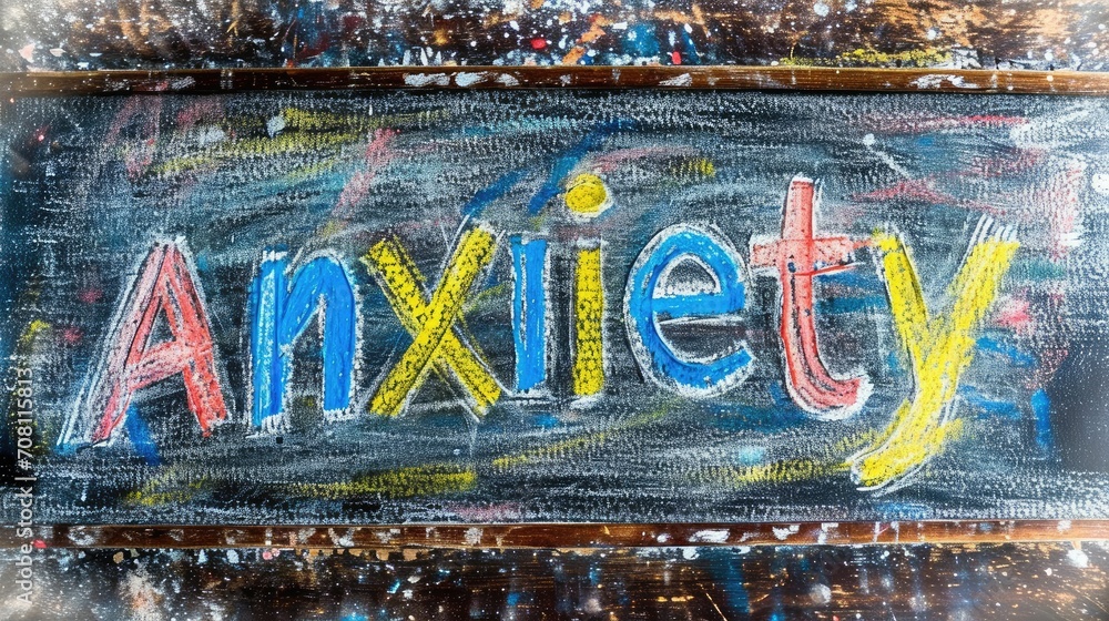chalk board covered in text, the text "Anxiety" written in blue pen ink ...