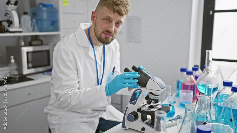 Handsome young man with a beard in a laboratory, wearing a lab coat and ...