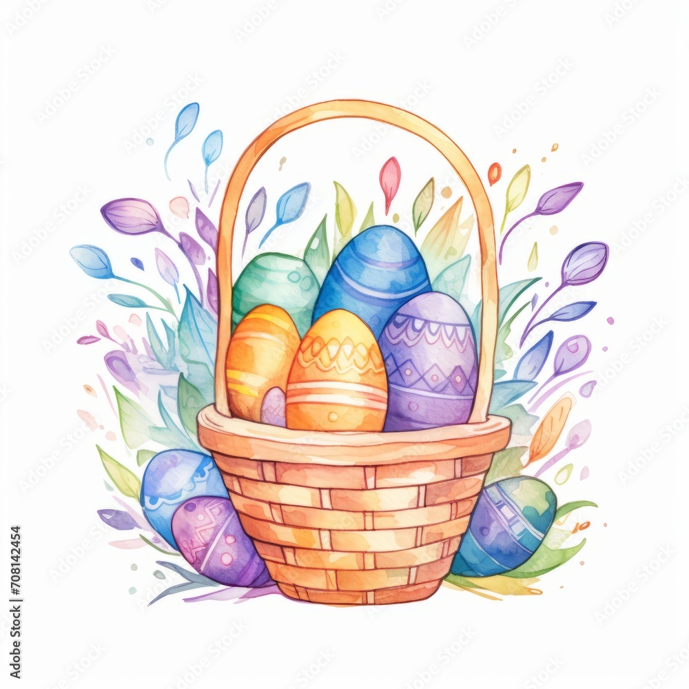 Aquarell eines Korbs voller bunt bemalter Ostereier Illustration Stock ...