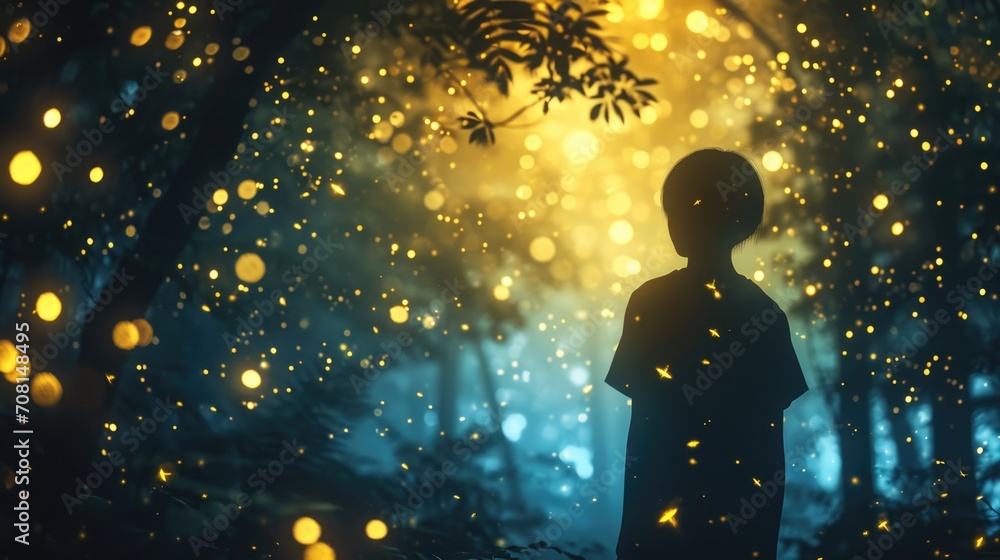 silhouette of a person facing away, surrounded by the soft glow of ...