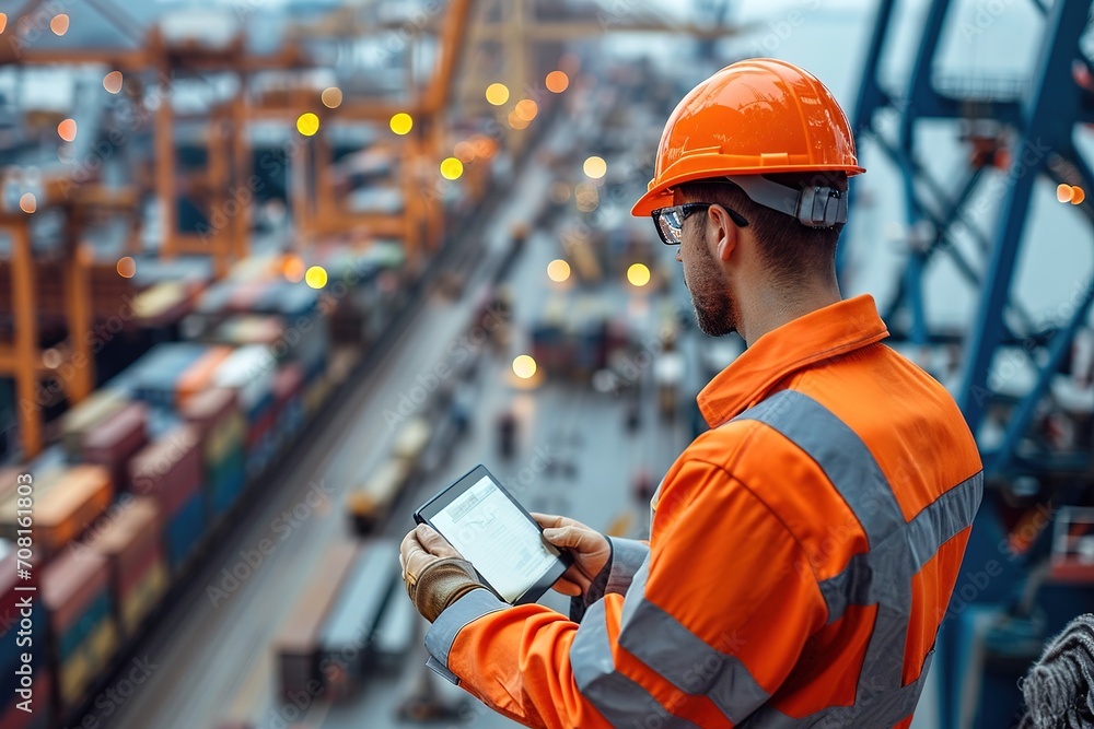 Engineer wearing uniform inspection and see detail on tablet with ...