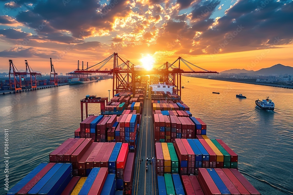 Container ship carrying container boxes import export dock with quay ...