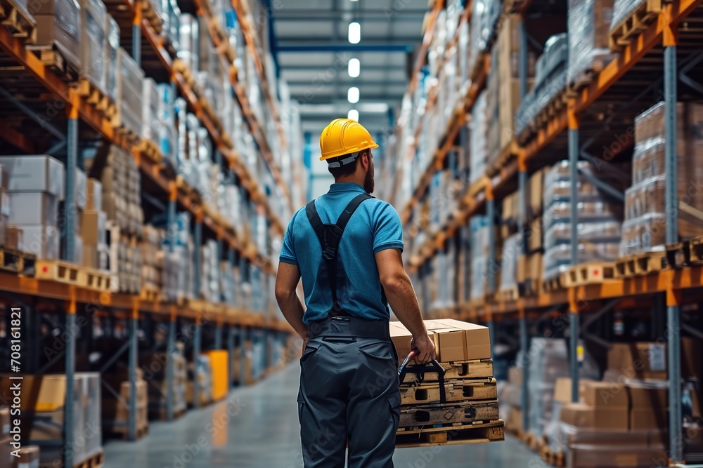 Stockfoto warehouse worker using hand pallet trucks loading cargo for ...