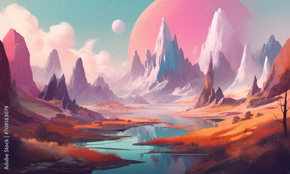 Create a non-blurry, high-quality abstract digital landscape with a ...