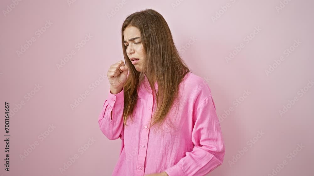 Stunning young hispanic woman, cool yet ill, coughing over a solitary ...