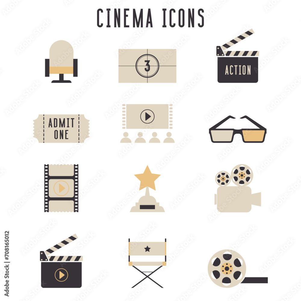 Cinema icons set. Movie theatre attributes collection. Filming ...