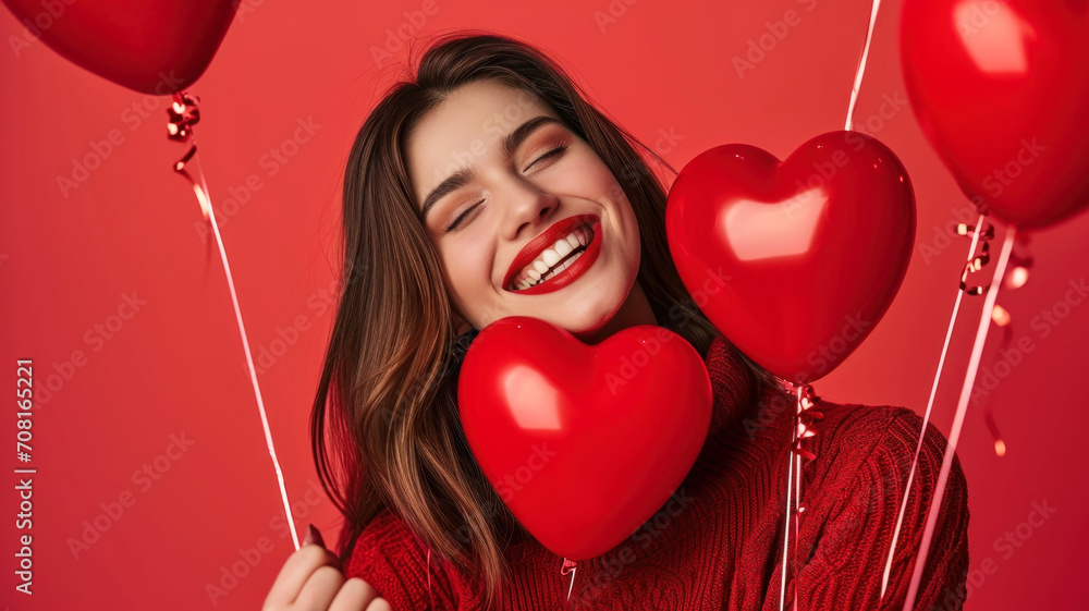 Happy girl celebrating Valentine`s Day, young woman model and heart ...