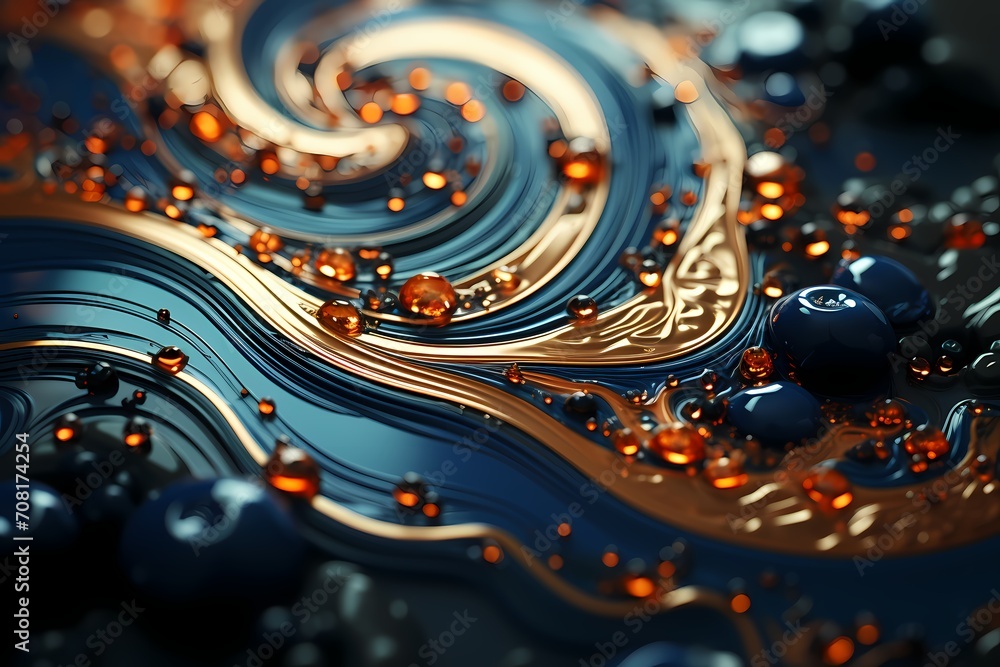 Lustrous copper and midnight blue liquids colliding, creating a ...