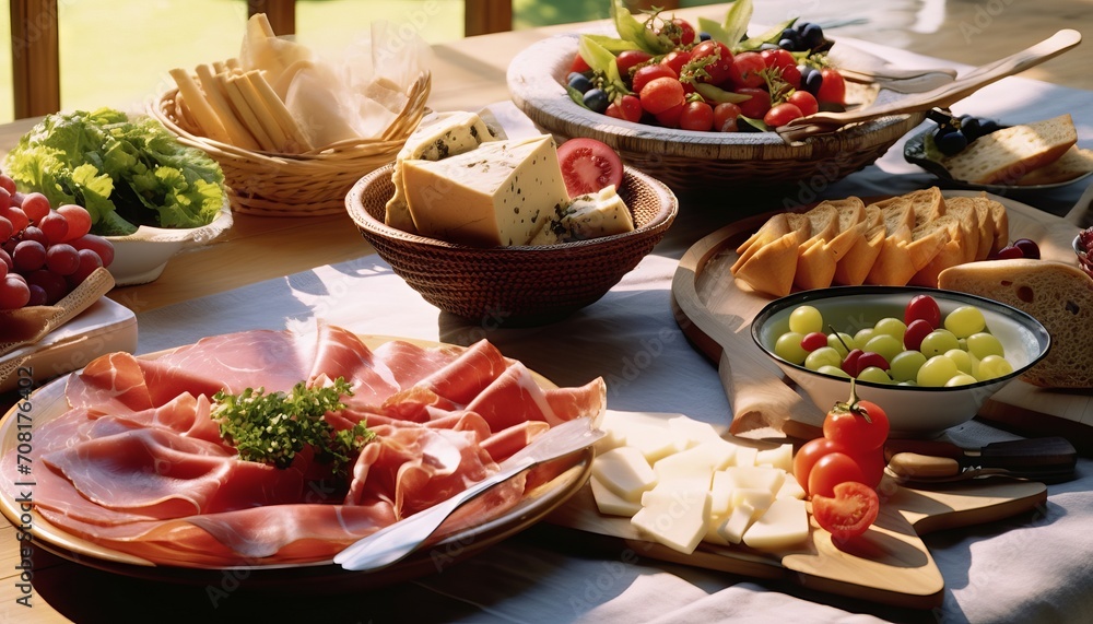 Picnic in nature at the dining table full of dishes with food and light ...