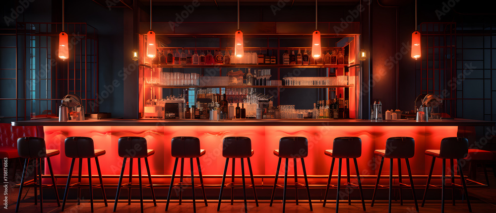interior of a classic retro low light bar with high back chairs at night Stock Photo | Adobe Stock