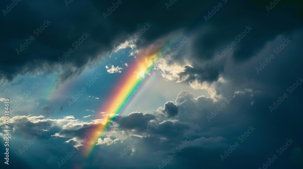 A vibrant rainbow appearing after a rainstorm, set against a backdrop ...
