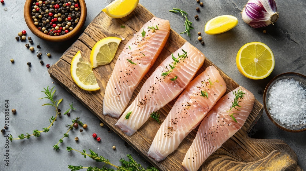 fish fillet on wooden board with ingredients for cooking, fresh raw ...