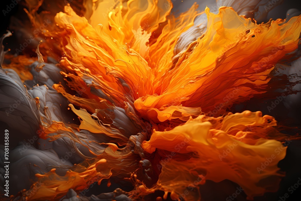 Molten silver and vibrant tangerine liquids colliding with explosive ...