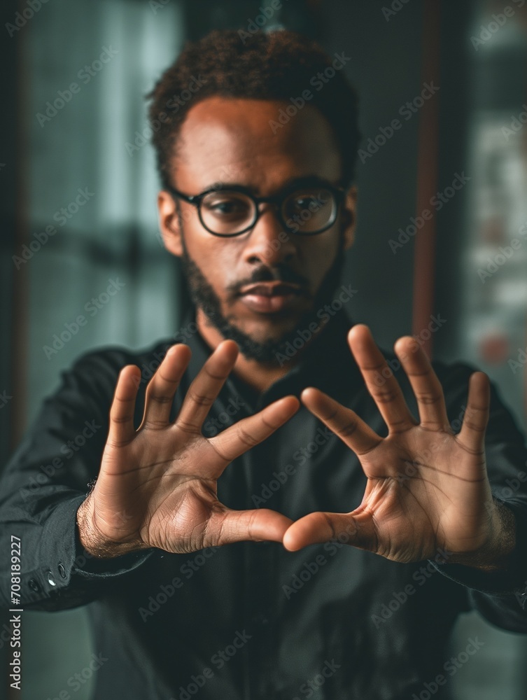 Beautiful portrait of blind man with glasses holding out his hands ...