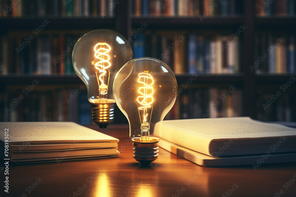 Light bulbs and books. Concept of reading books, knowledge, and searching for new ideas ...
