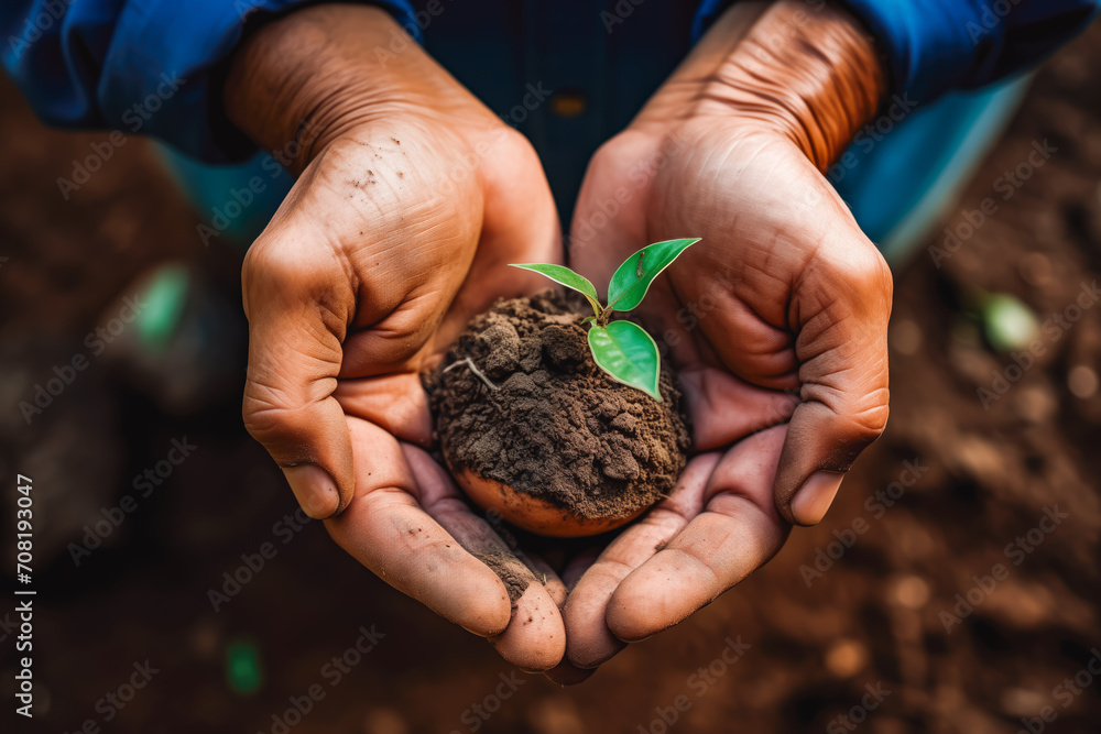 Man's hands are wrapped around a small earth lying on the ground, world ...
