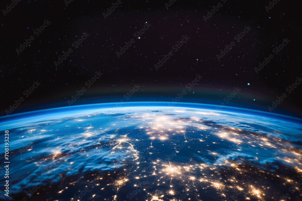 Planet earth from space with lights visible. Vision of sunrise over the ...