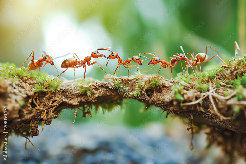 Teamwork, team of ants constructing bridge. Ants in a group go to ...