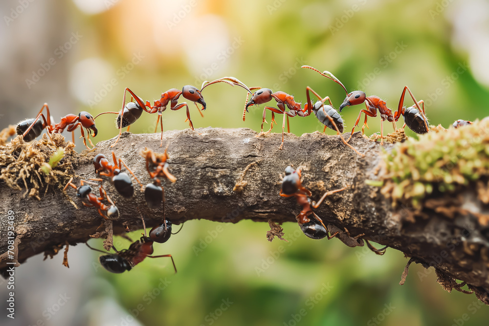 Teamwork, team of ants constructing bridge. Ants in a group go to ...