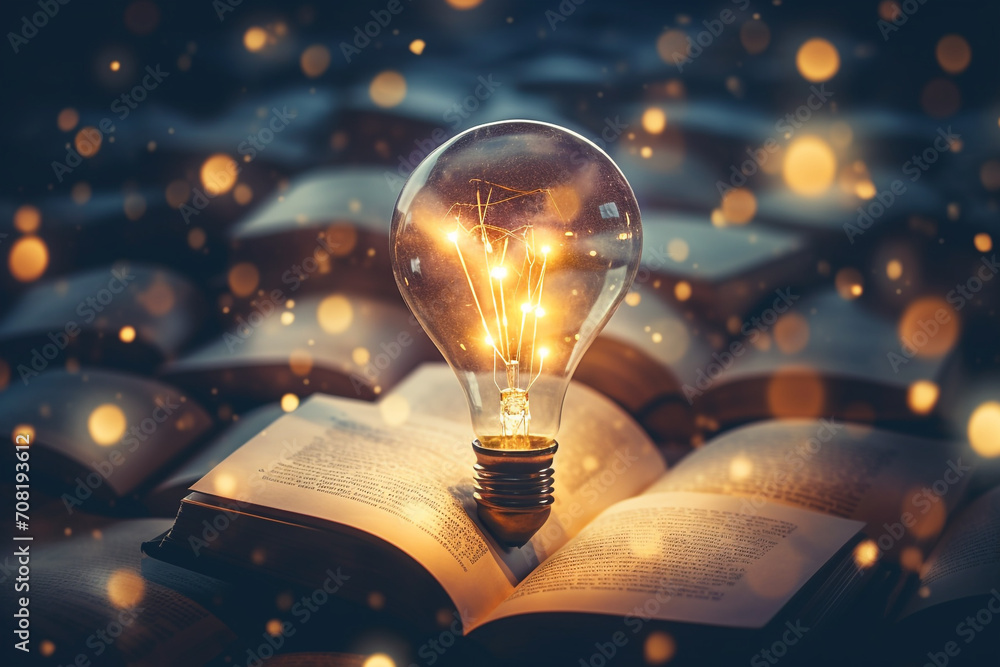 Light bulbs and books. Concept of reading books, knowledge, and searching for new ideas ...